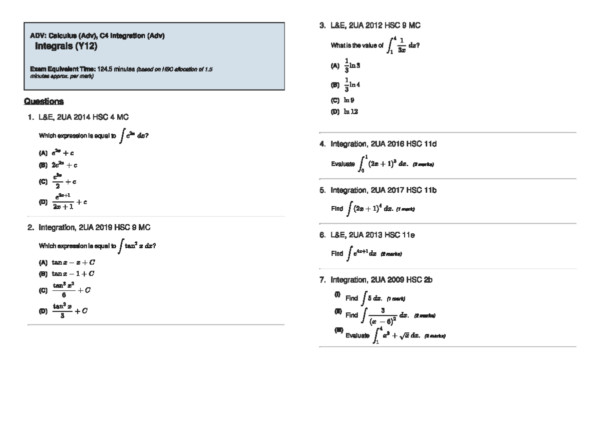 Integral HSC Questions 2 - Studocu
