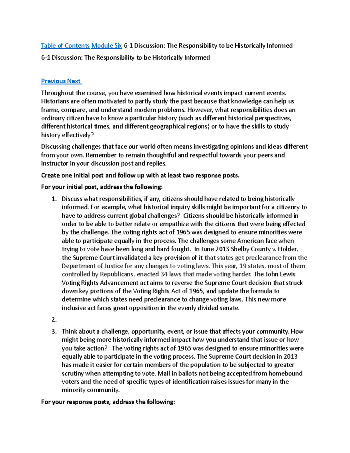 HIS 100 Mod 6-1 disscussion - Table of Contents Module Six 6-1 ...