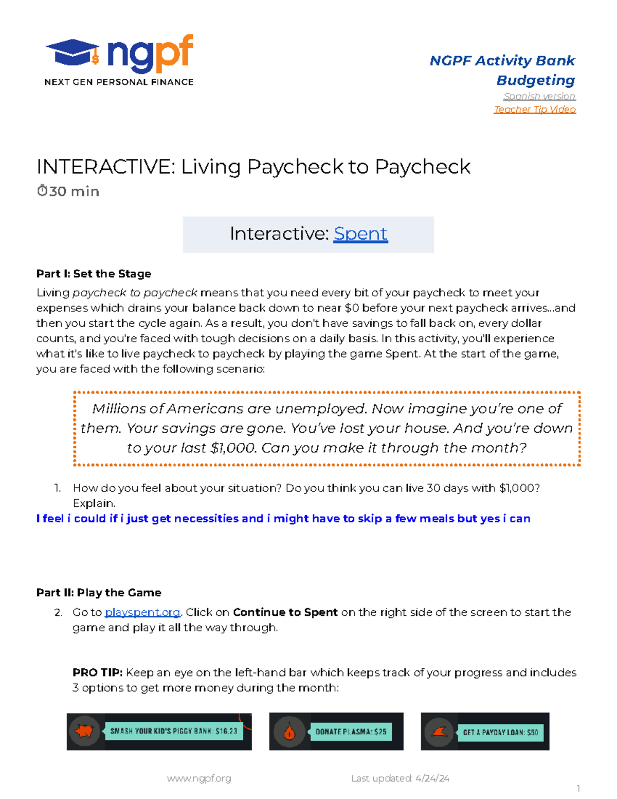 Interactive Living Paycheck to Paycheck - NGPF Activity Bank Budgeting ...