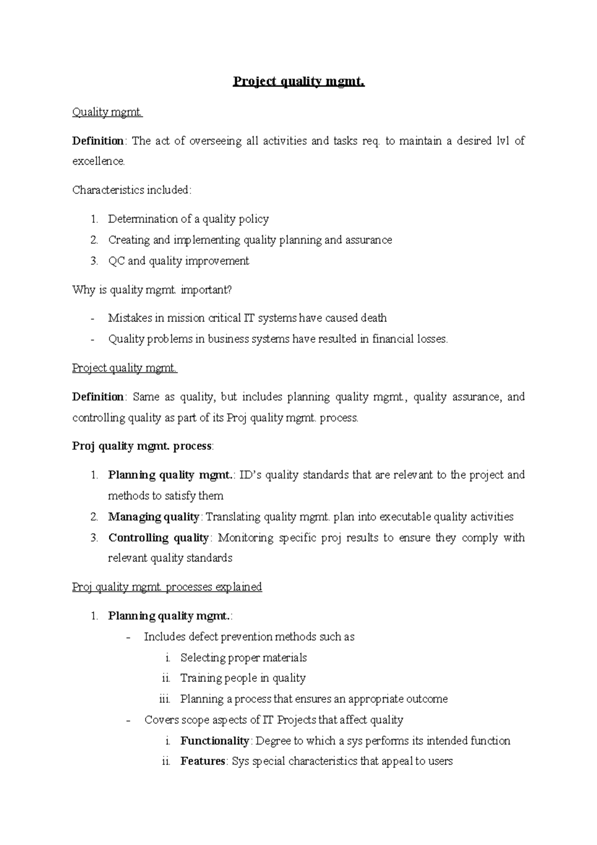 Chap8(Proj quality mgmt) - Project quality mgmt. Quality mgmt ...