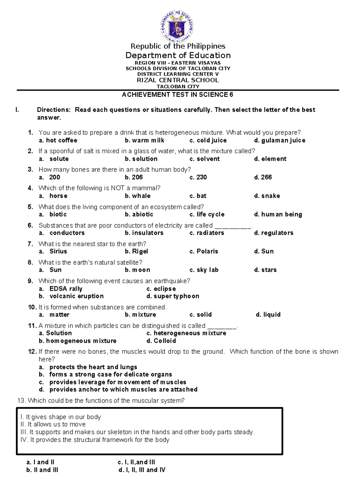 Achievement Test in Science-6 - Republic of the Philippines Department ...