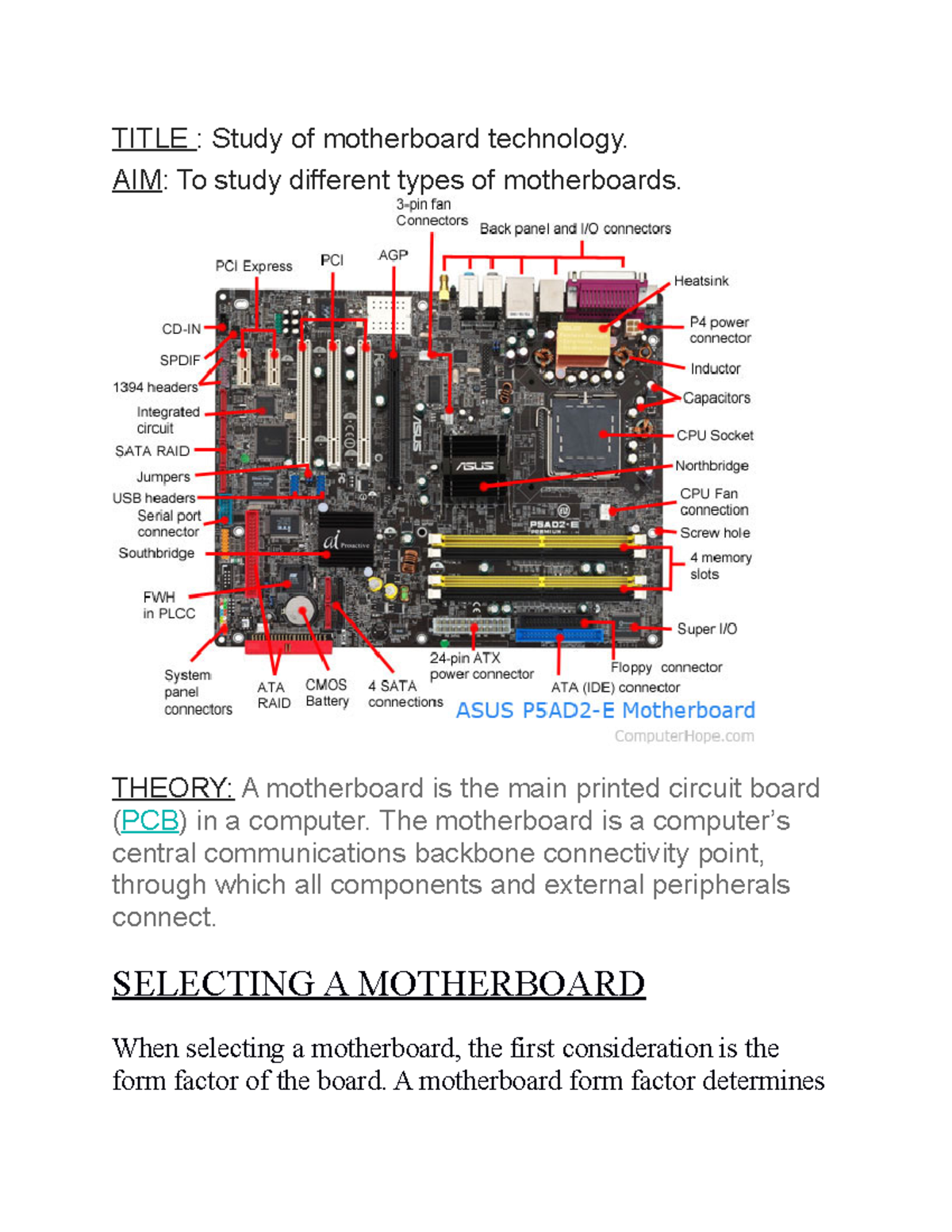 Ankit - Lecture notes 1 - TITLE : Study of motherboard technology. AIM ...