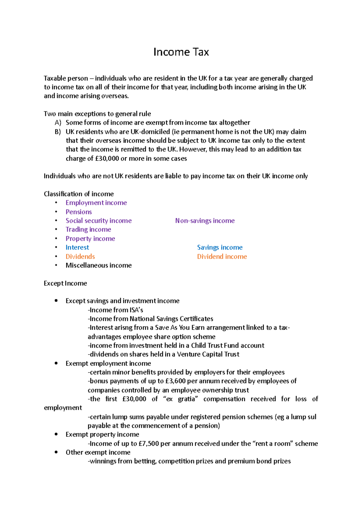 Income Tax notes - Income Tax Taxable person – individuals who are ...