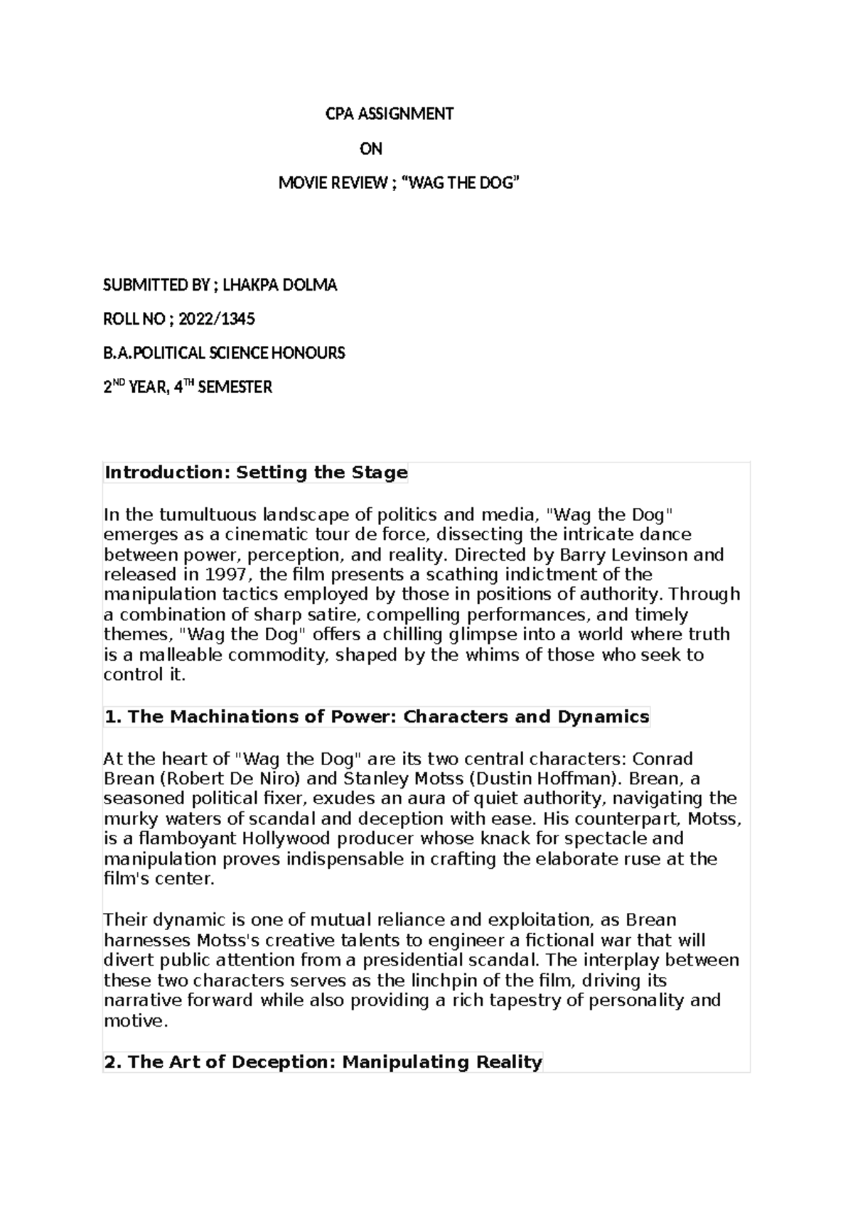 Movie Review - CPA ASSIGNMENT ON MOVIE REVIEW ; “WAG THE DOG” SUBMITTED ...