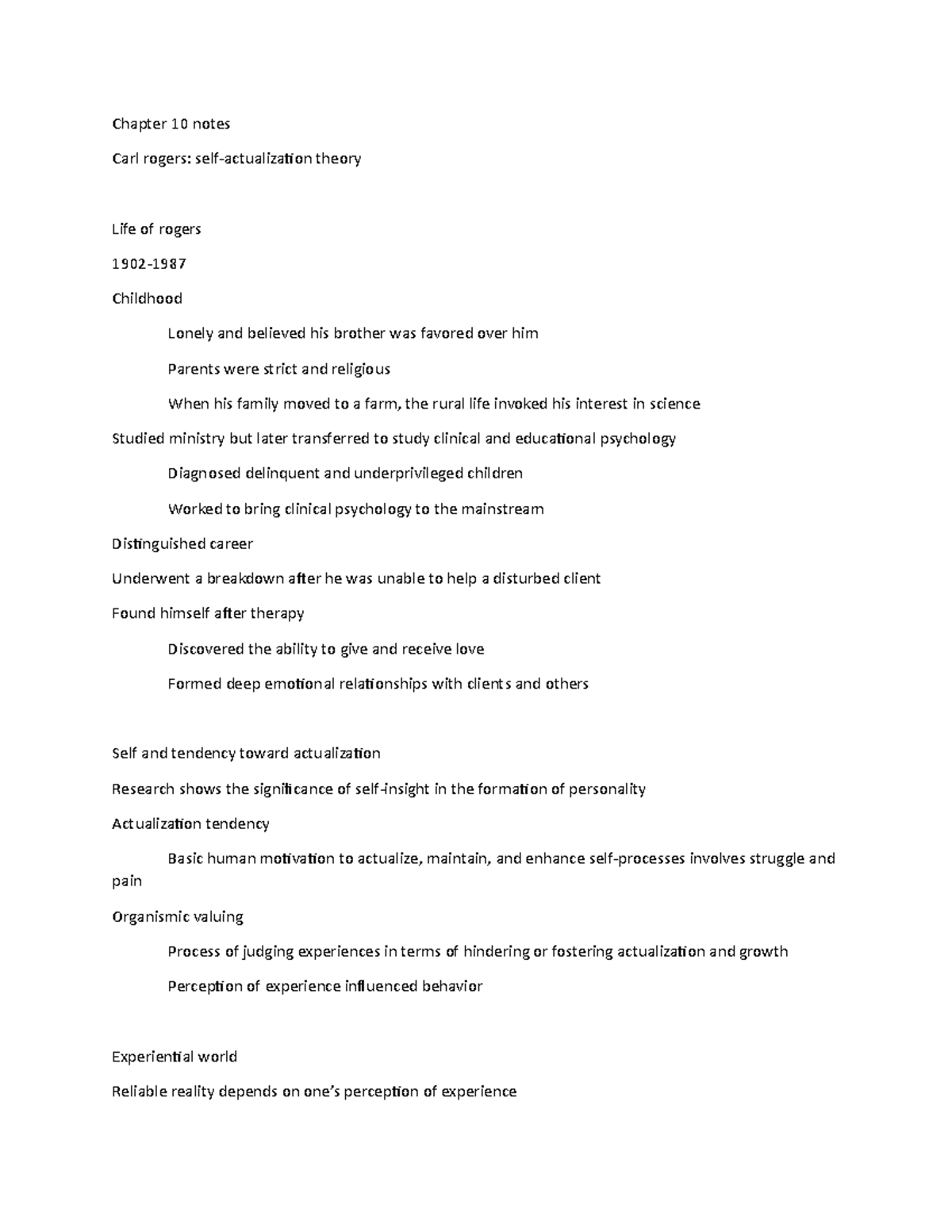 Chapter 10 notes - Carl Rogers: Self-Actualization Theory - Chapter 10 ...