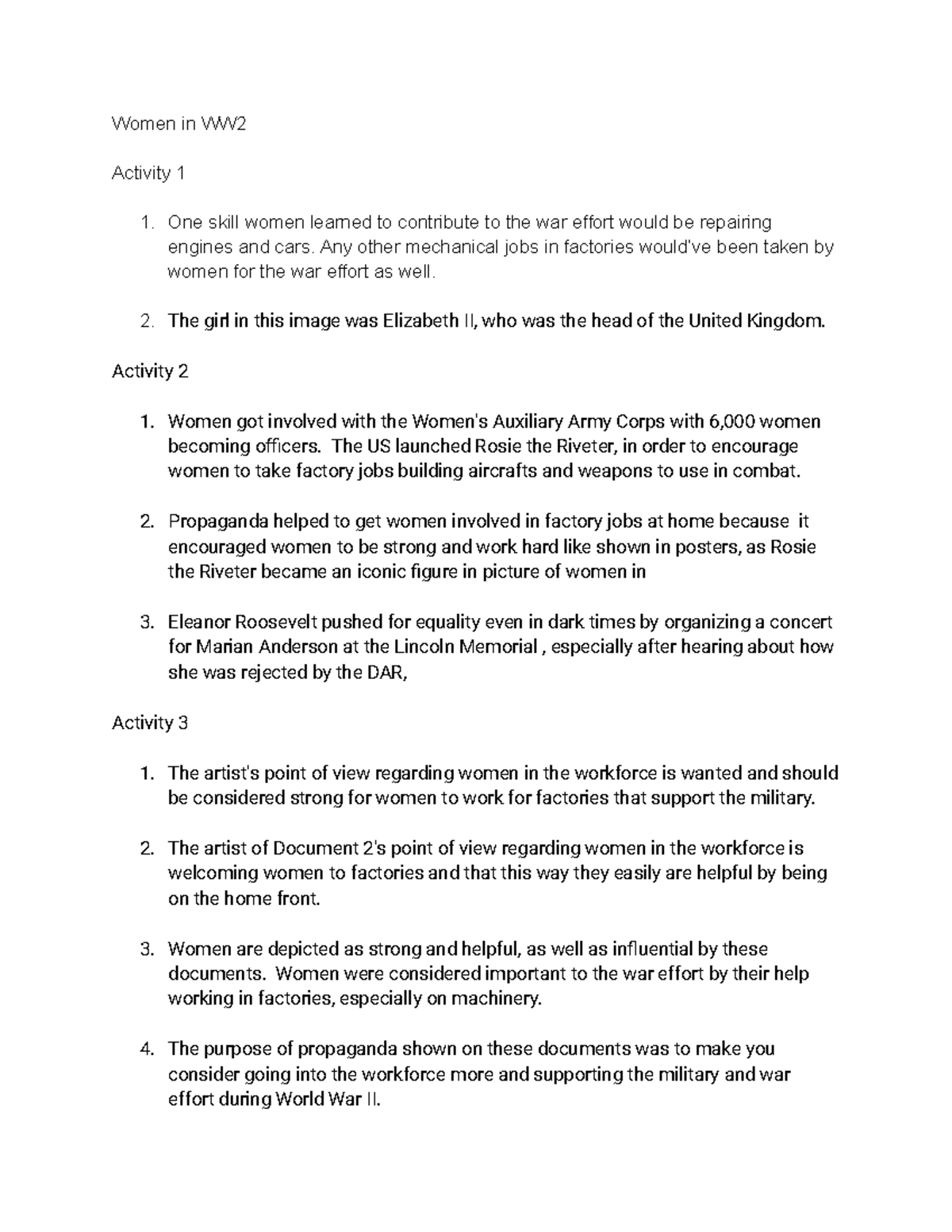 Women in WW2 - History - Women in WW Activity 1 1. One skill women ...