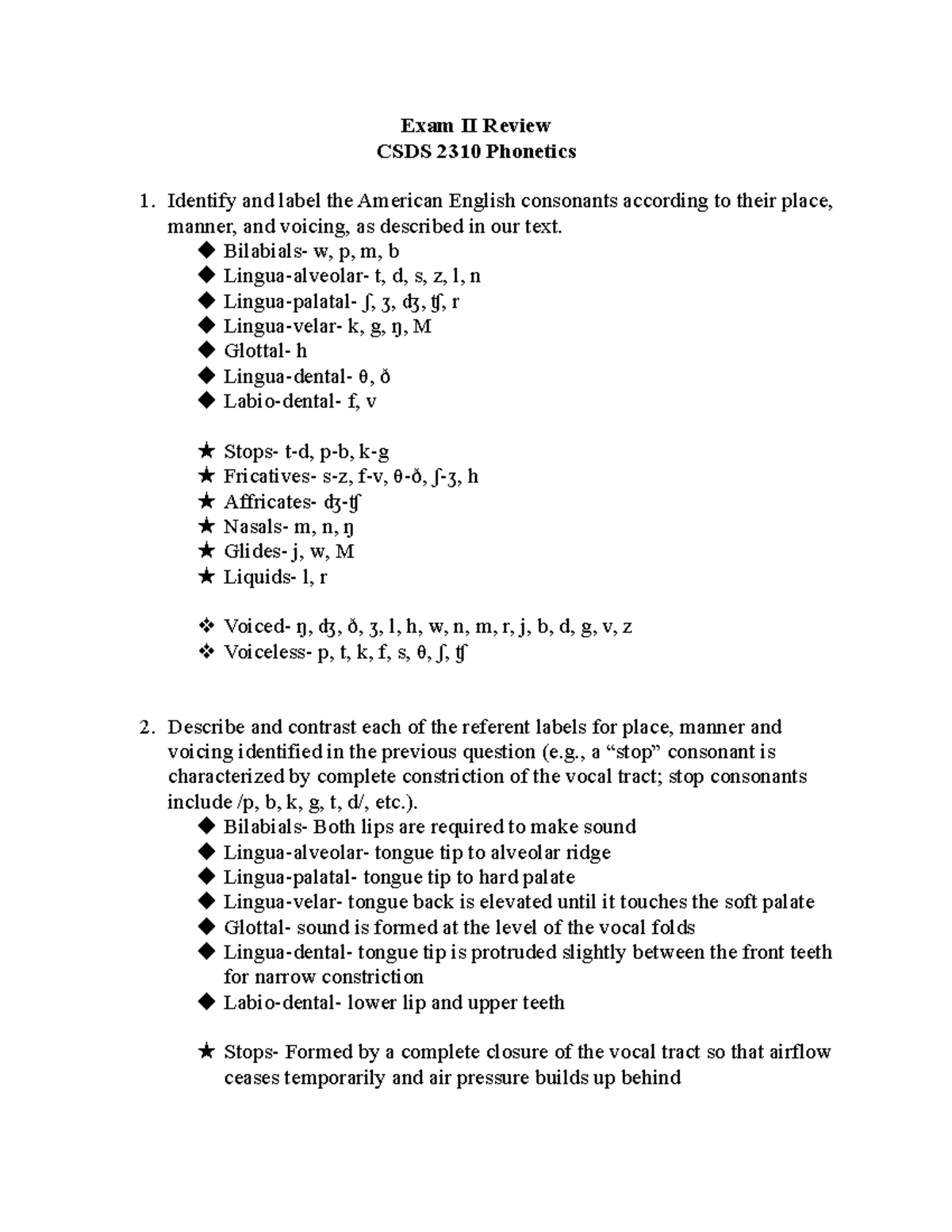 Exam II Review CSDS 2310 Phonetics: Consonant Identification ...