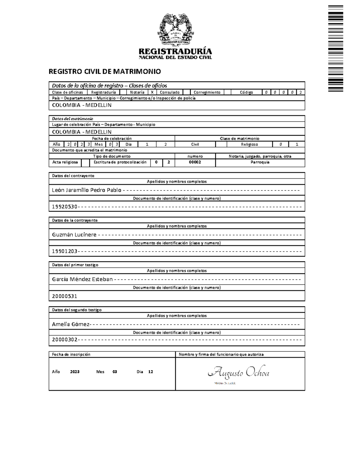 Registro Civil DE Matrimonio 00002 - REGISTRO CIVIL DE MATRIMONIO Datos de la oficina de ...