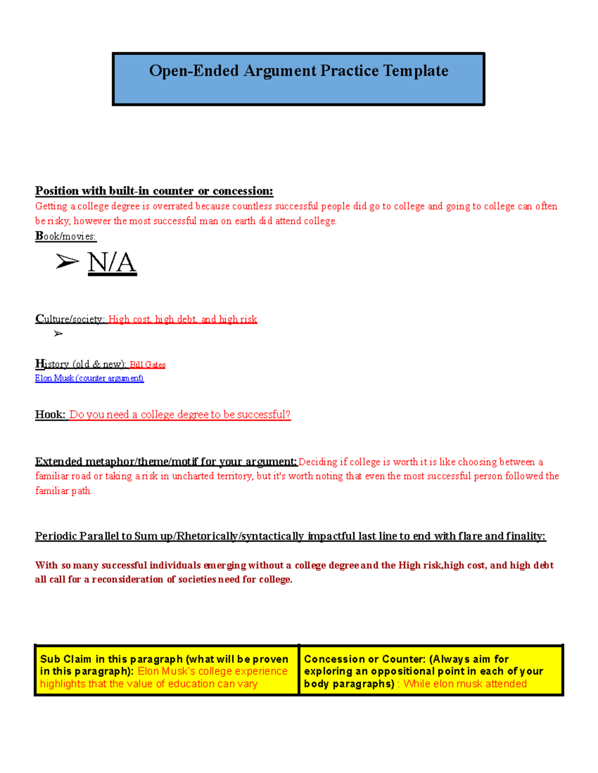 Copy of Beukema Open-Ended Argument Practice Template 2023 - Studocu