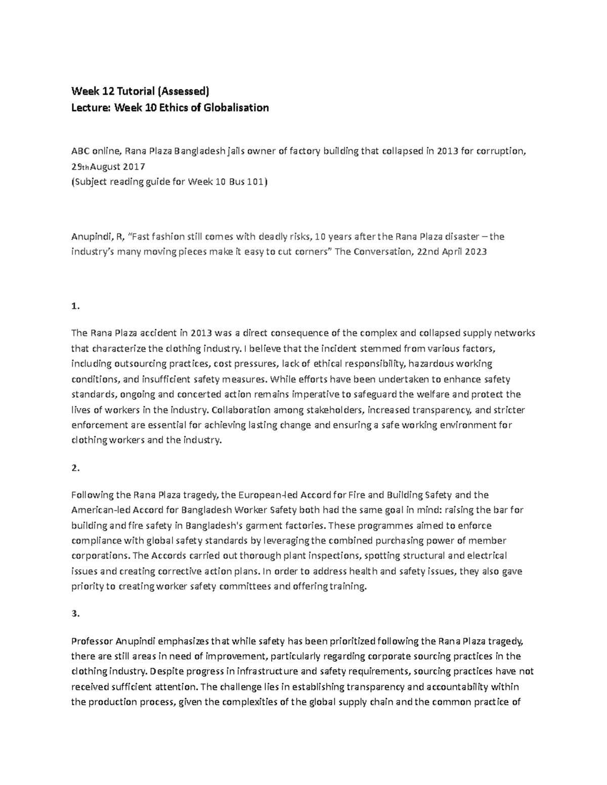 Bus101 Week 12 Tutorial - Week 12 Tutorial (Assessed) Lecture: Week 10 Ethics of Globalisation ...