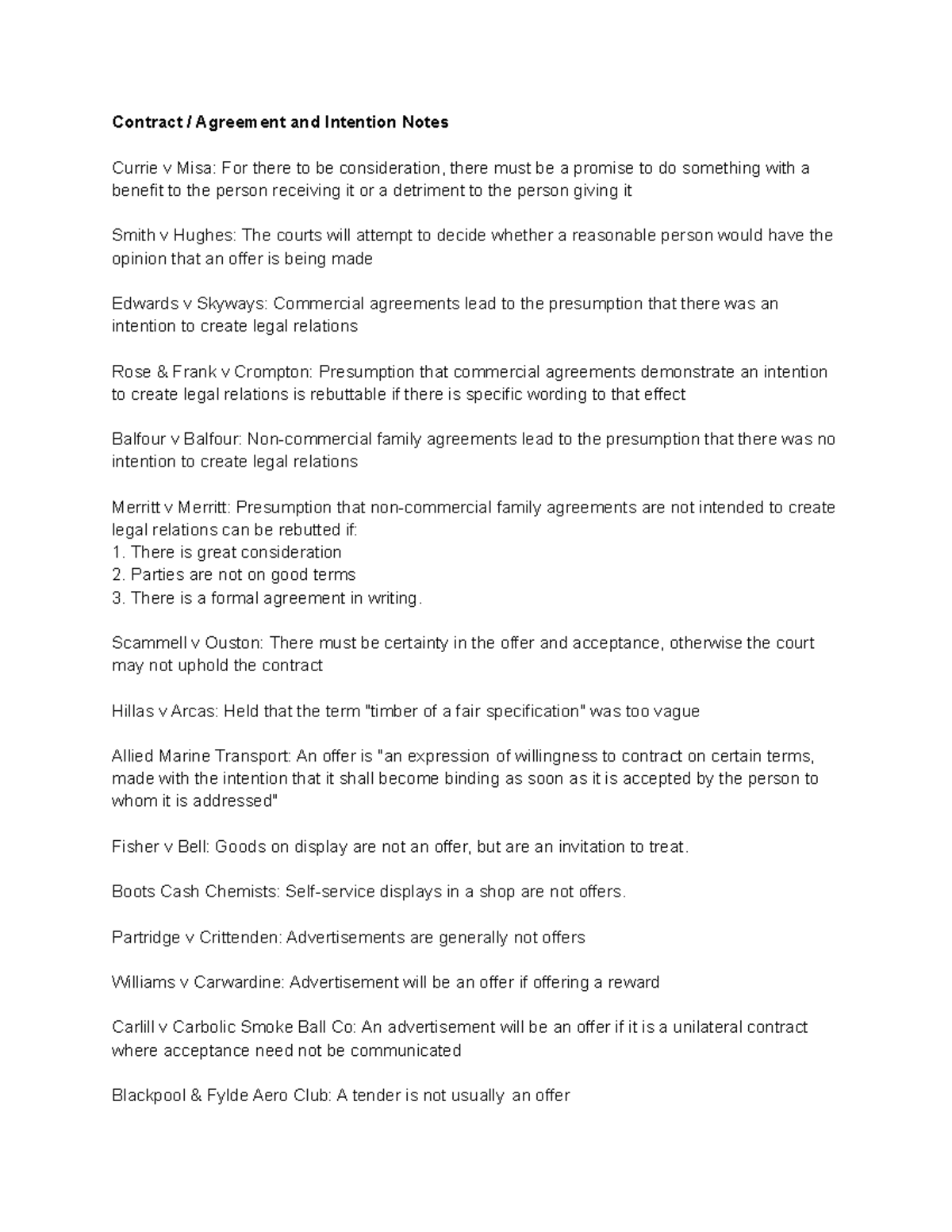 Contract Agreement and Intention Notes - Contract / Agreement and ...