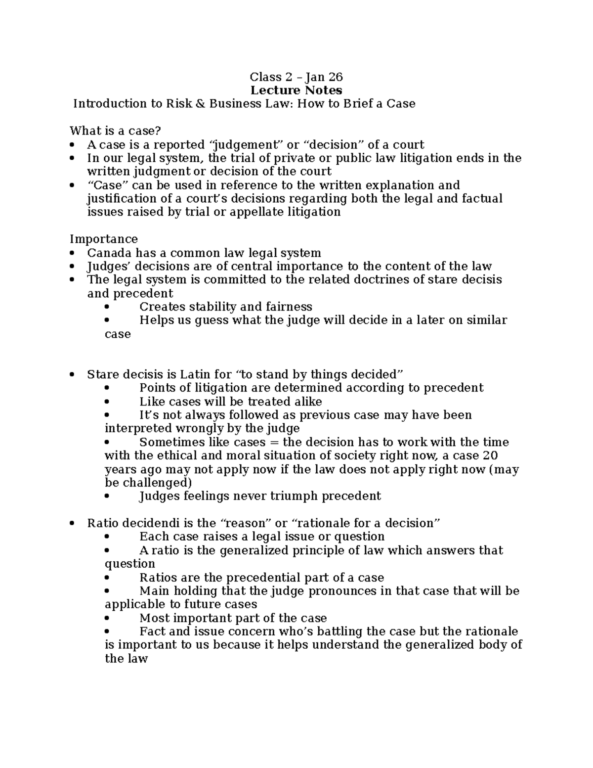 Class 2 - notes - Class 2 – Jan 26 Lecture Notes Introduction to Risk ...