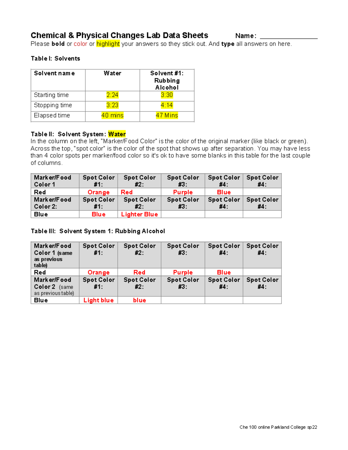 Lab TN - Chemical & Physical Changes Lab Data Sheets Name: Please bold or color or highlight ...