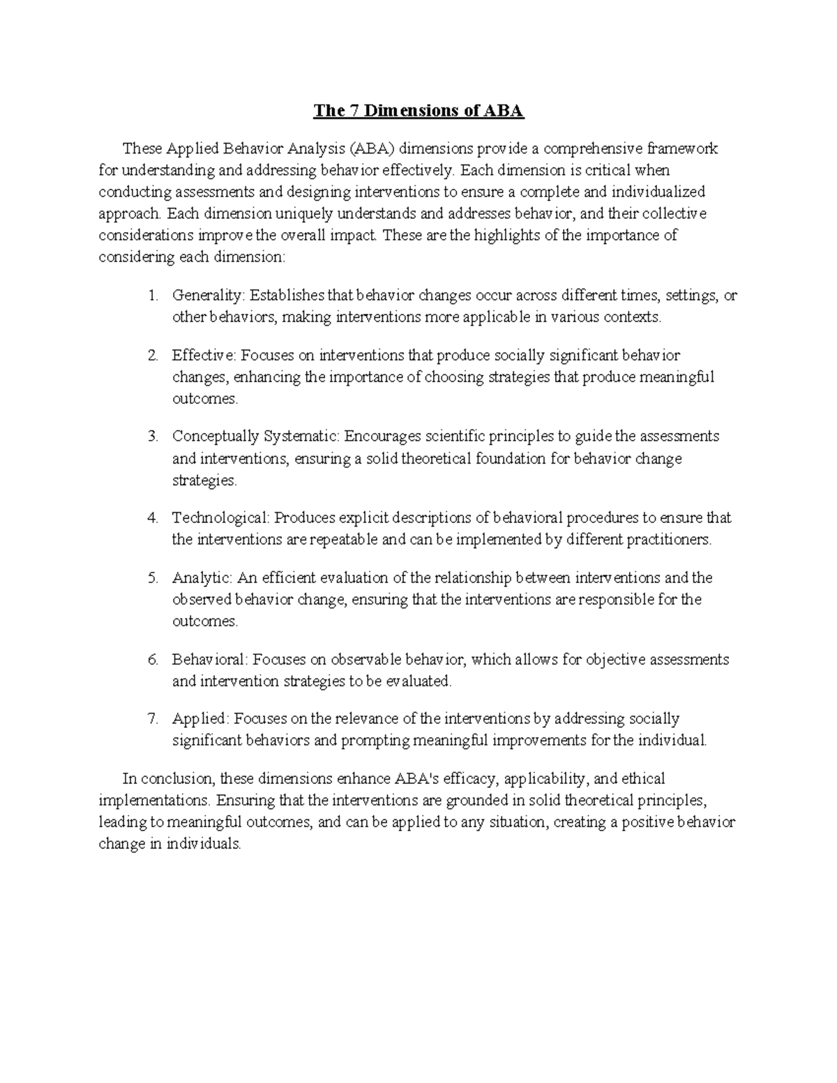 EAB4764- Chapter 1Assignment - The 7 Dimensions of ABA These Applied ...