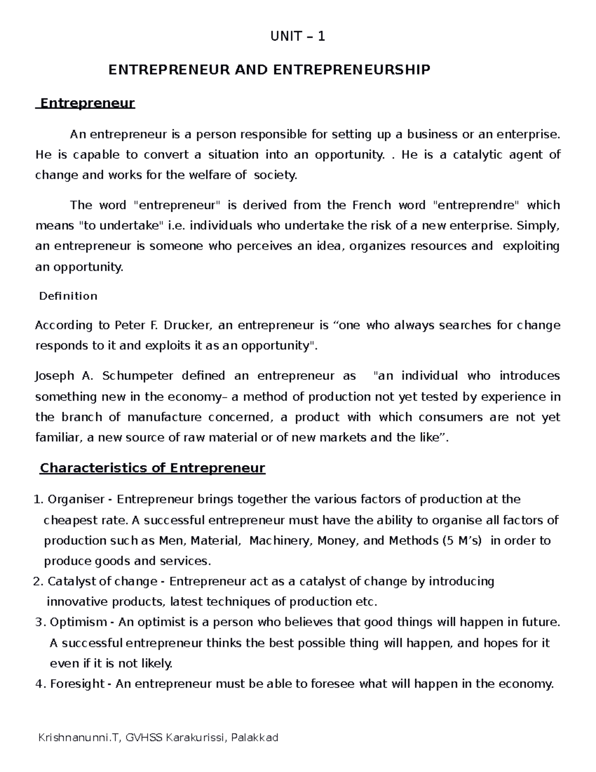 Ed notes as English - UNIT – 1 ENTREPRENEUR AND ENTREPRENEURSHIP ...