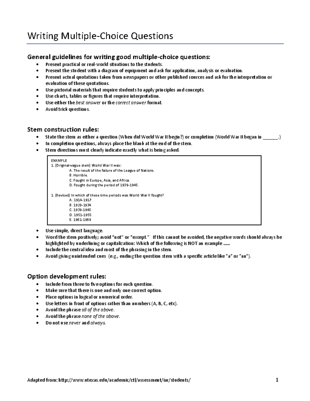 General Guidelines For How to Write MC Questions - Engl 43 - Adapted ...