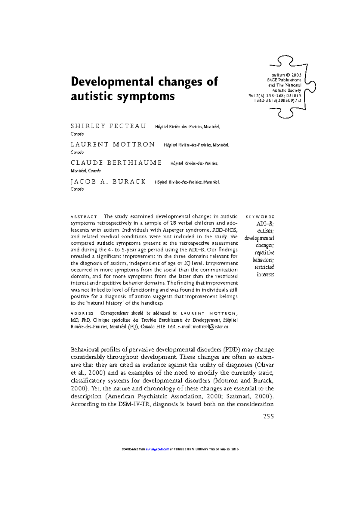 Developmental changes of autistic symptoms Unidad 3 - 255 Developmental ...