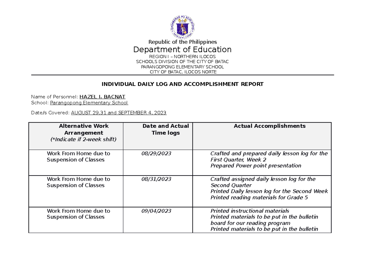Accomplishment Report-suspension of classes - Republic of the ...