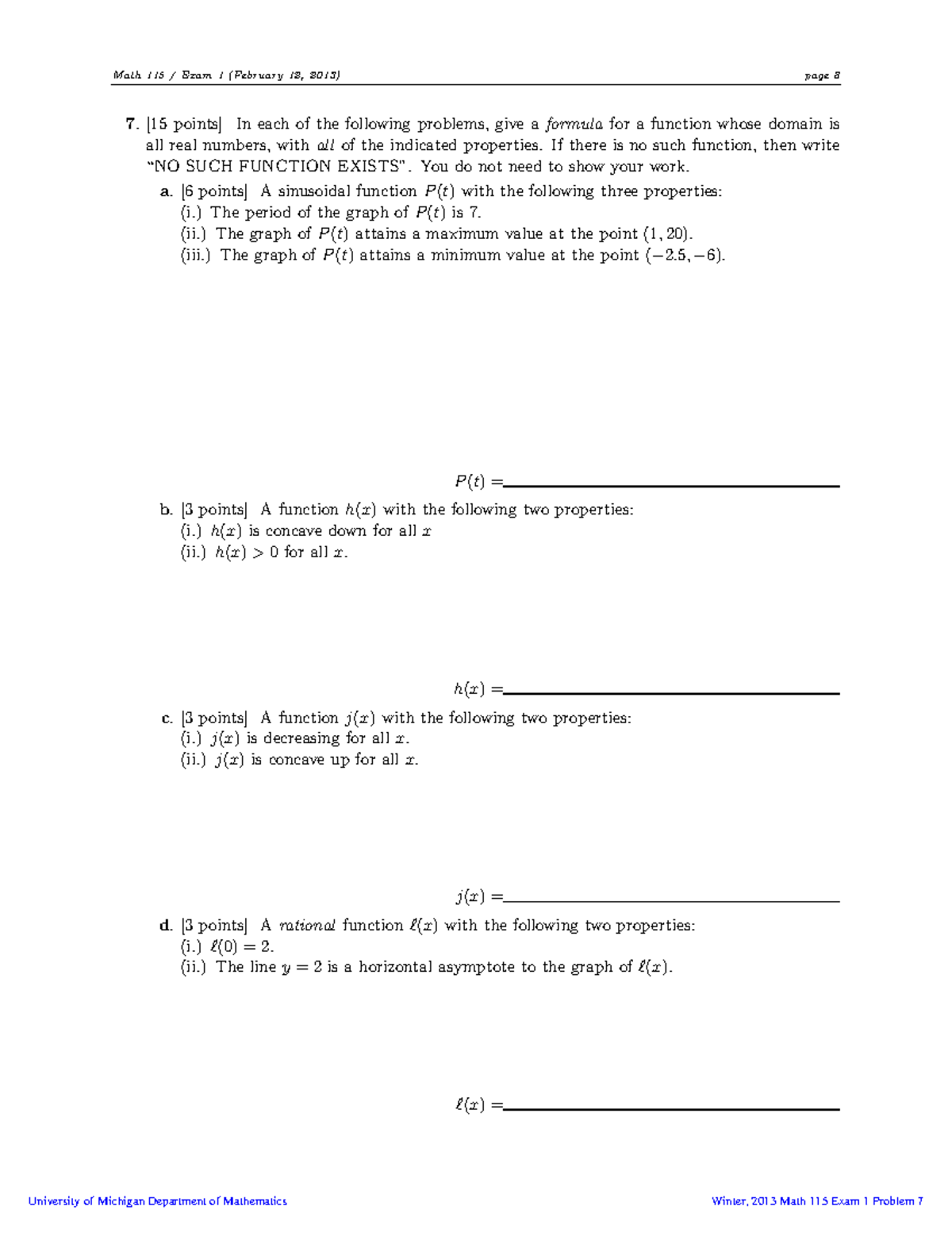 Practice Question Midterm Math 115 Exam 1 February 12 2013 Page