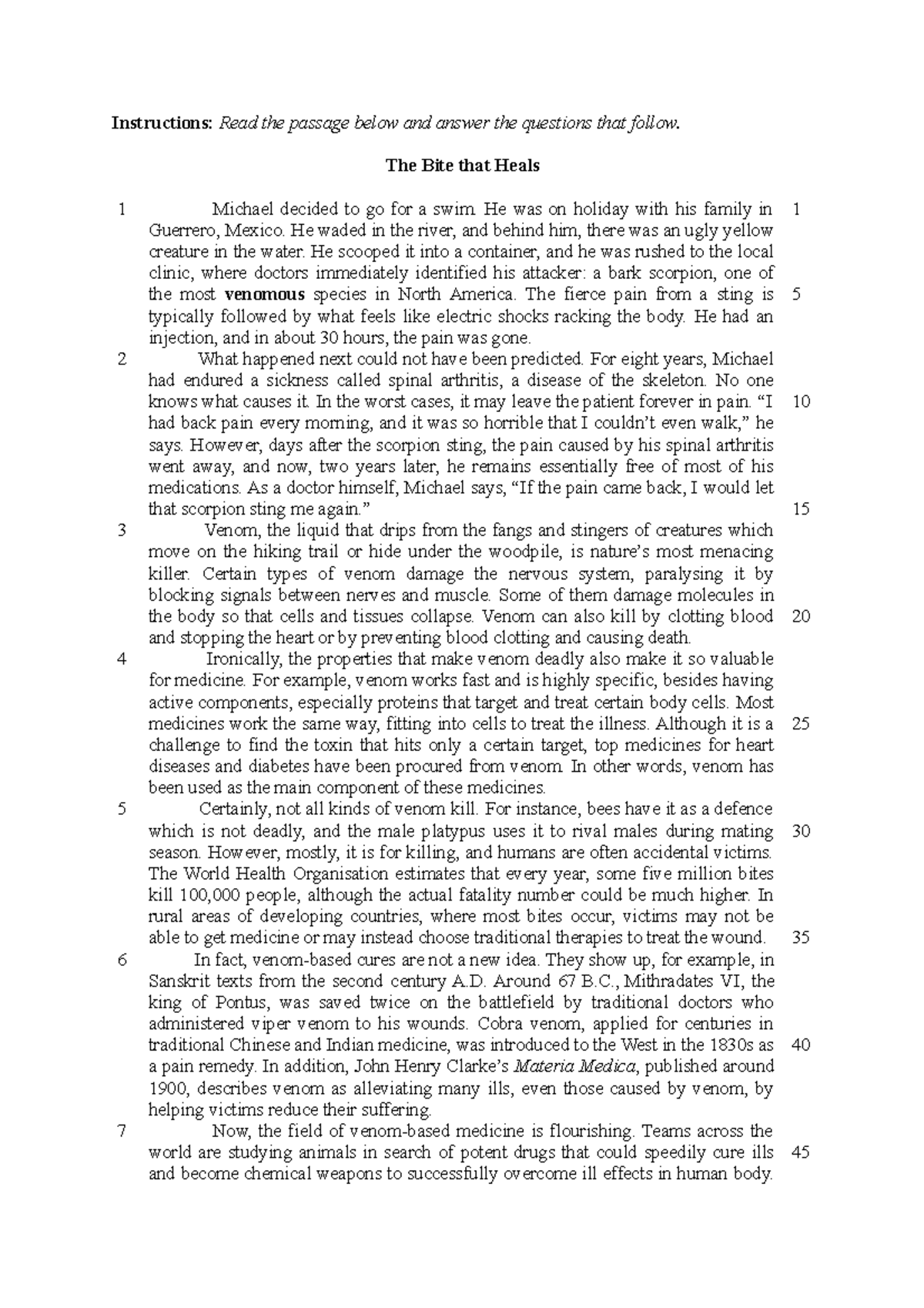 Reading Comprehension - Practice 1 - Instructions: Read the passage ...