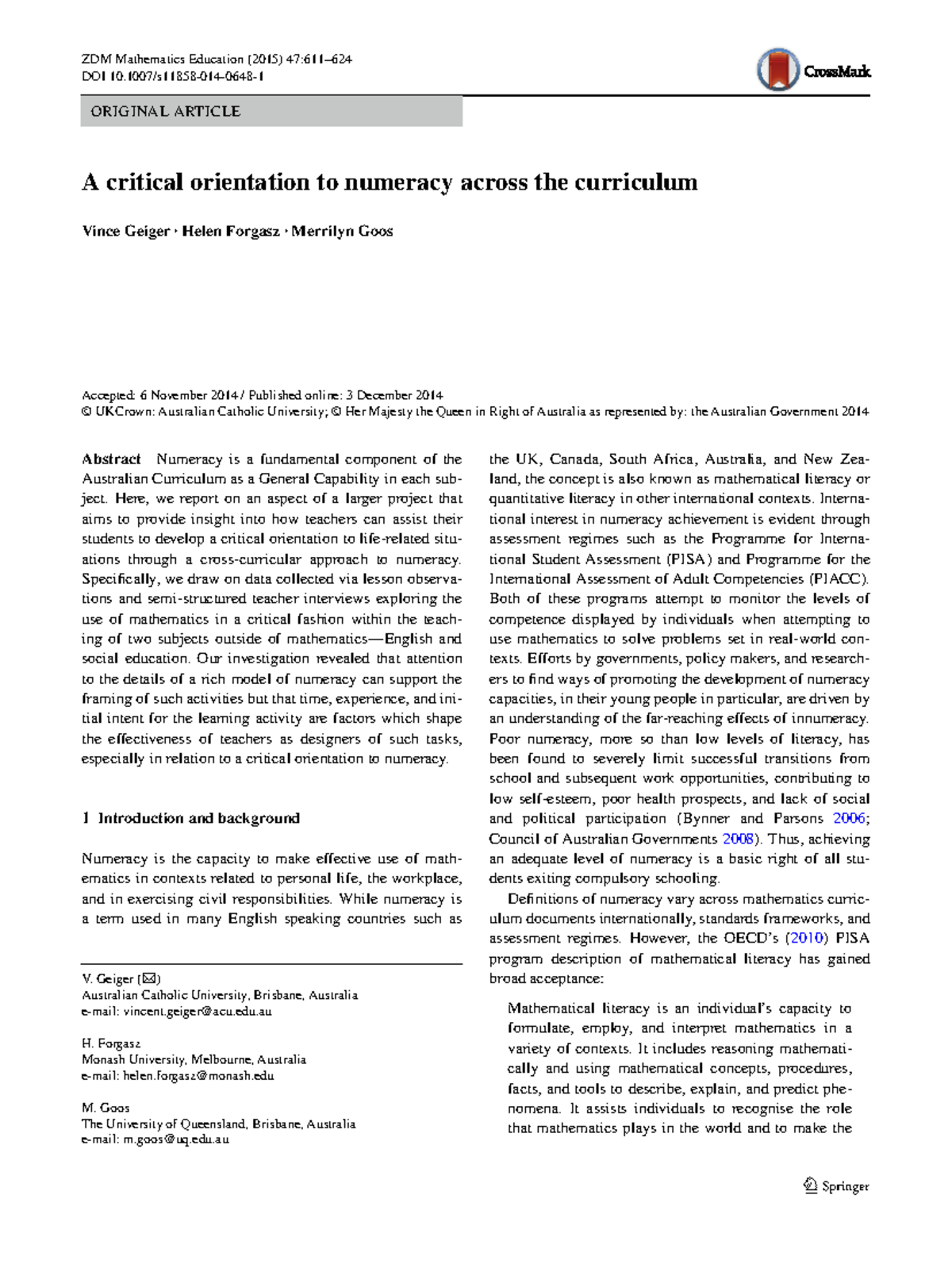 A critical orentation to numeracy - DOI 10/s11858-014-0648- ZDM ...