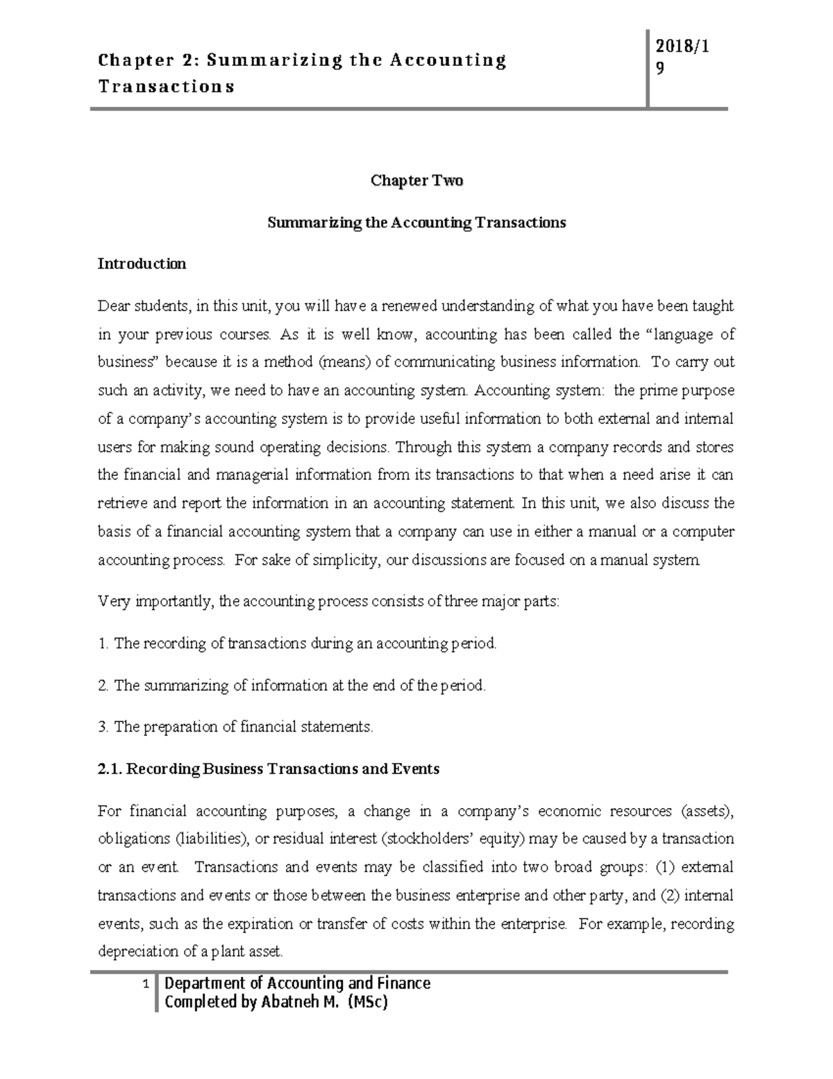 Chapter 2 - C h a p t e r 2 : Su mm a r izin g th e Ac co un tin g Tr an sa c tion s 9 Chapter ...