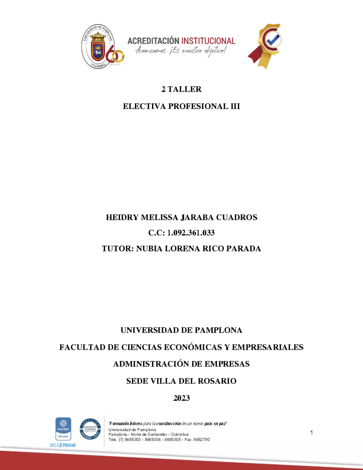 Taller 2 ELECTIVA PROFESIONAL III - Universidad de Pamplona Pamplona ...