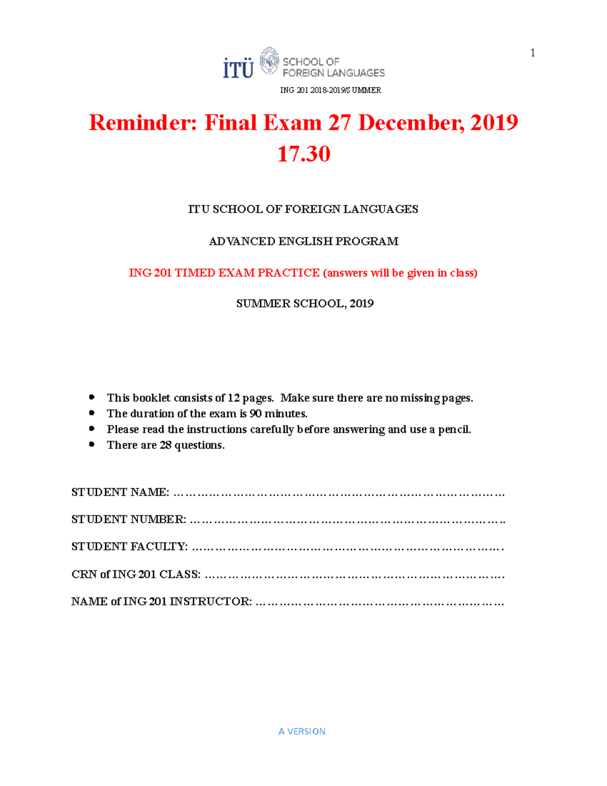 Exam 14 March 2019, questions and answers - ING 201 2018-2019/SUMMER ...