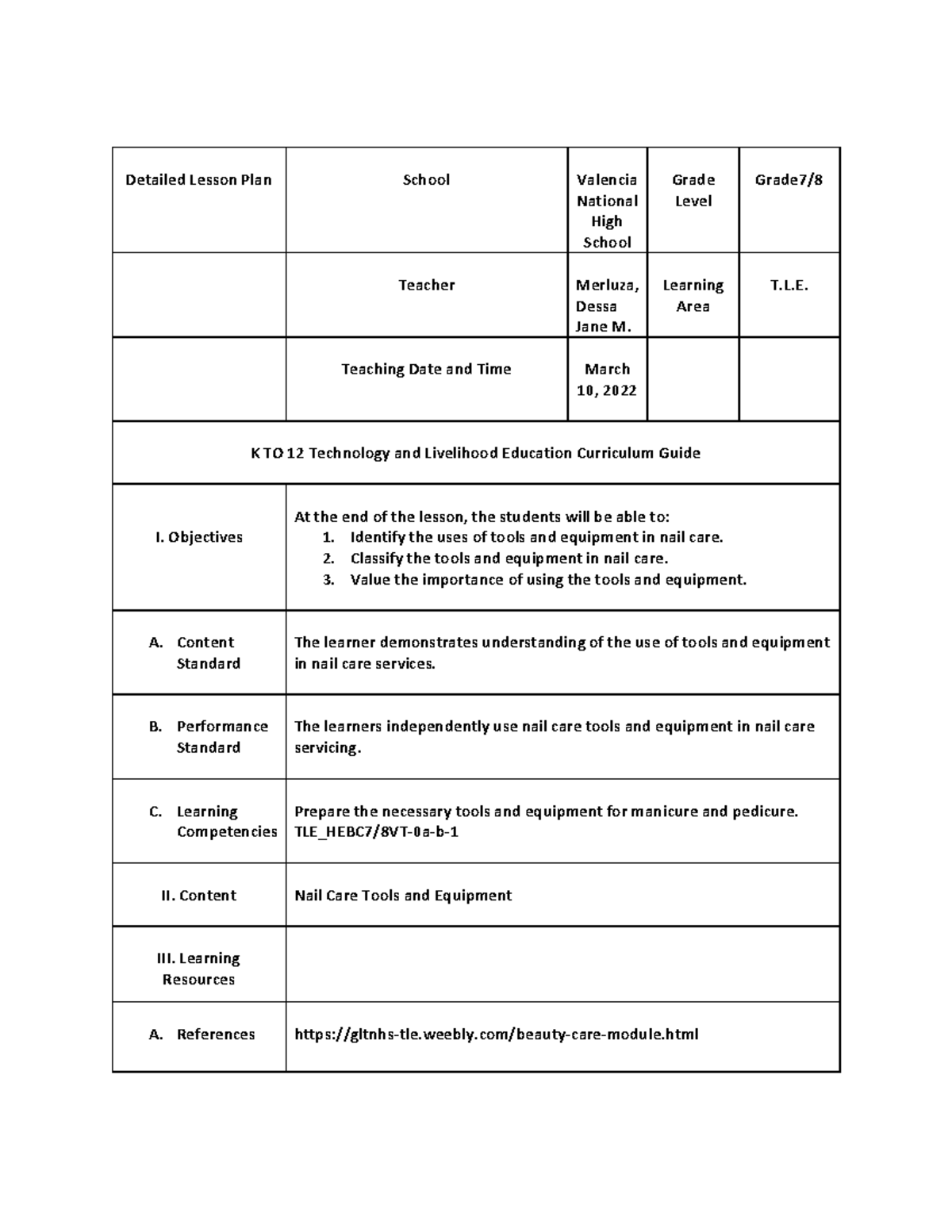 DLP in virtual demo - Ass - Detailed Lesson Plan School Valencia ...