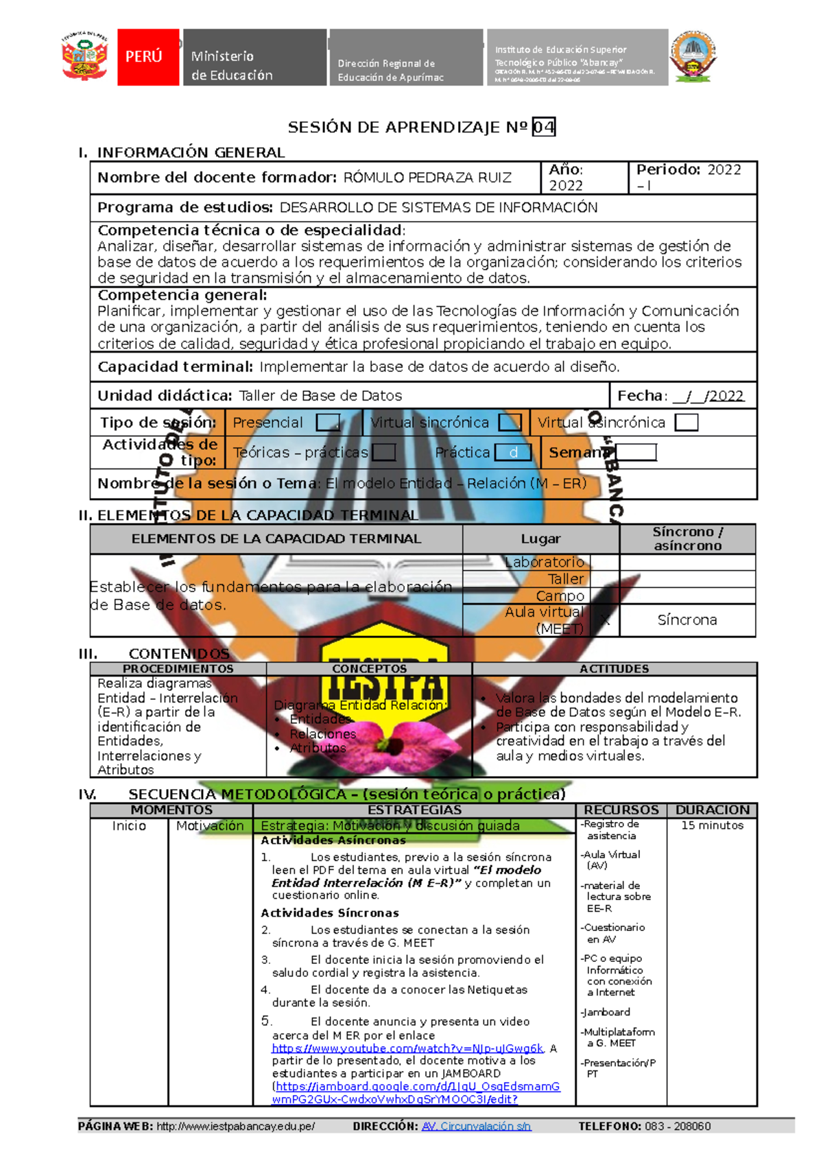 Modelo de sesión Didáctica - Año del Fortalecimiento de la Soberanía Nacional” SESIÓN DE ...