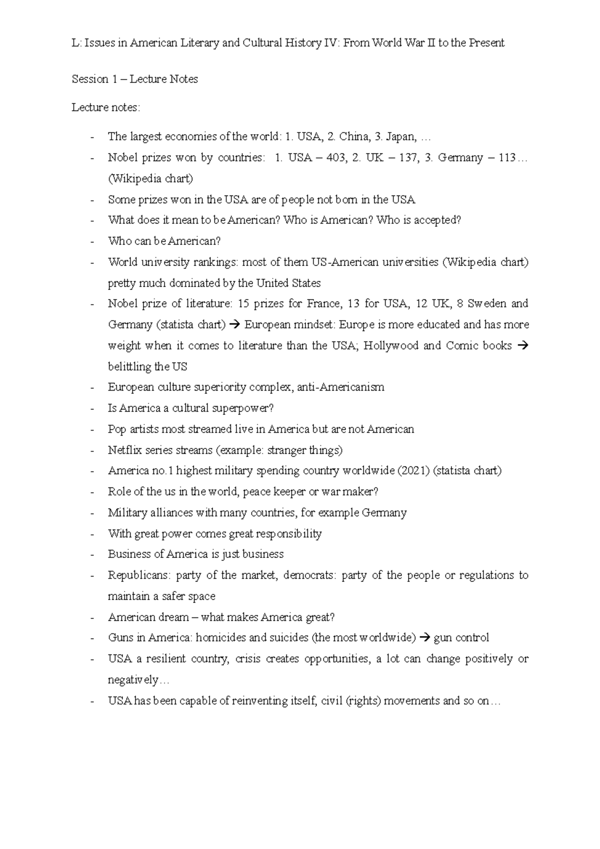 Session 1 - Wintersemester - L: Issues in American Literary and ...