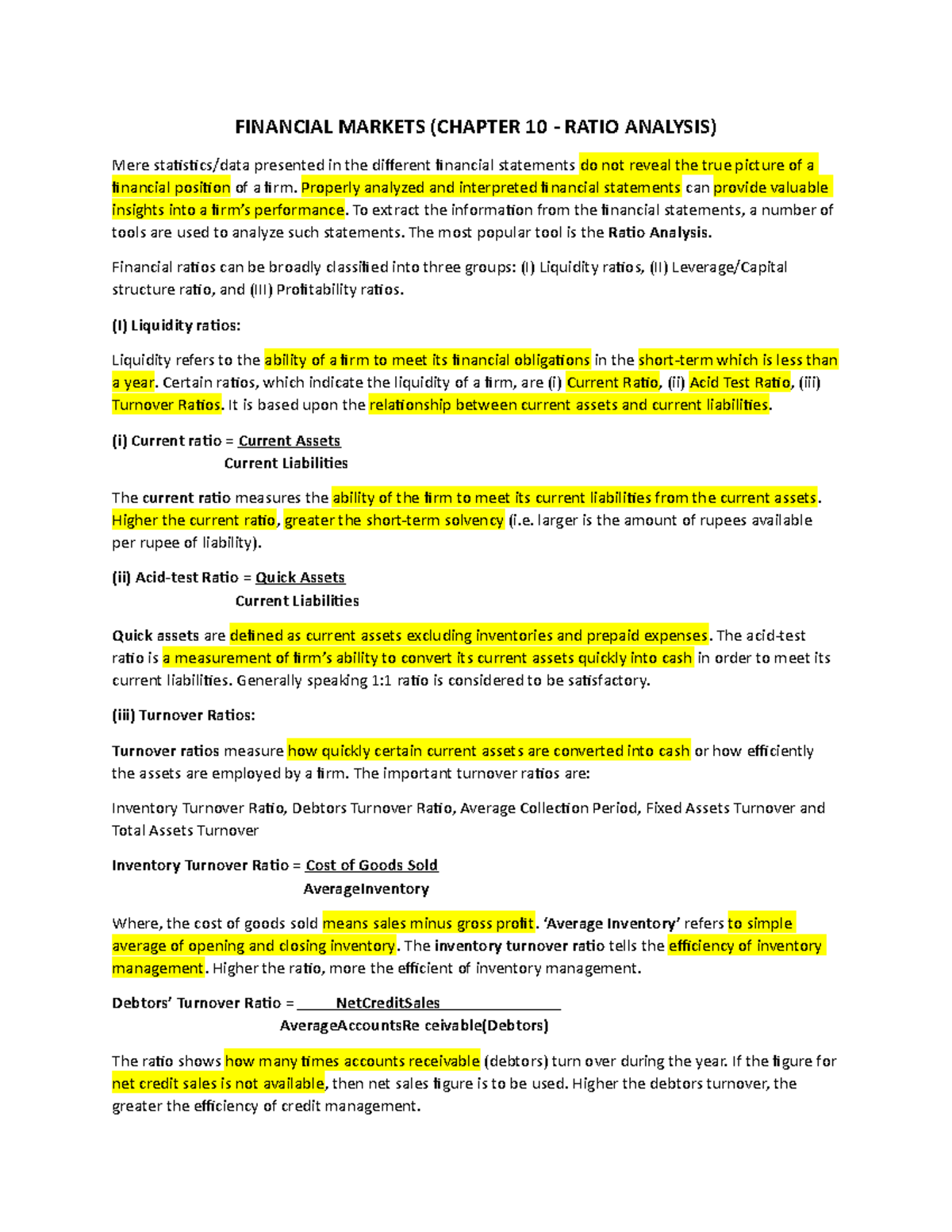 Financial Markets ( Chapter 10 - Ratio Analysis) - FINANCIAL MARKETS ...