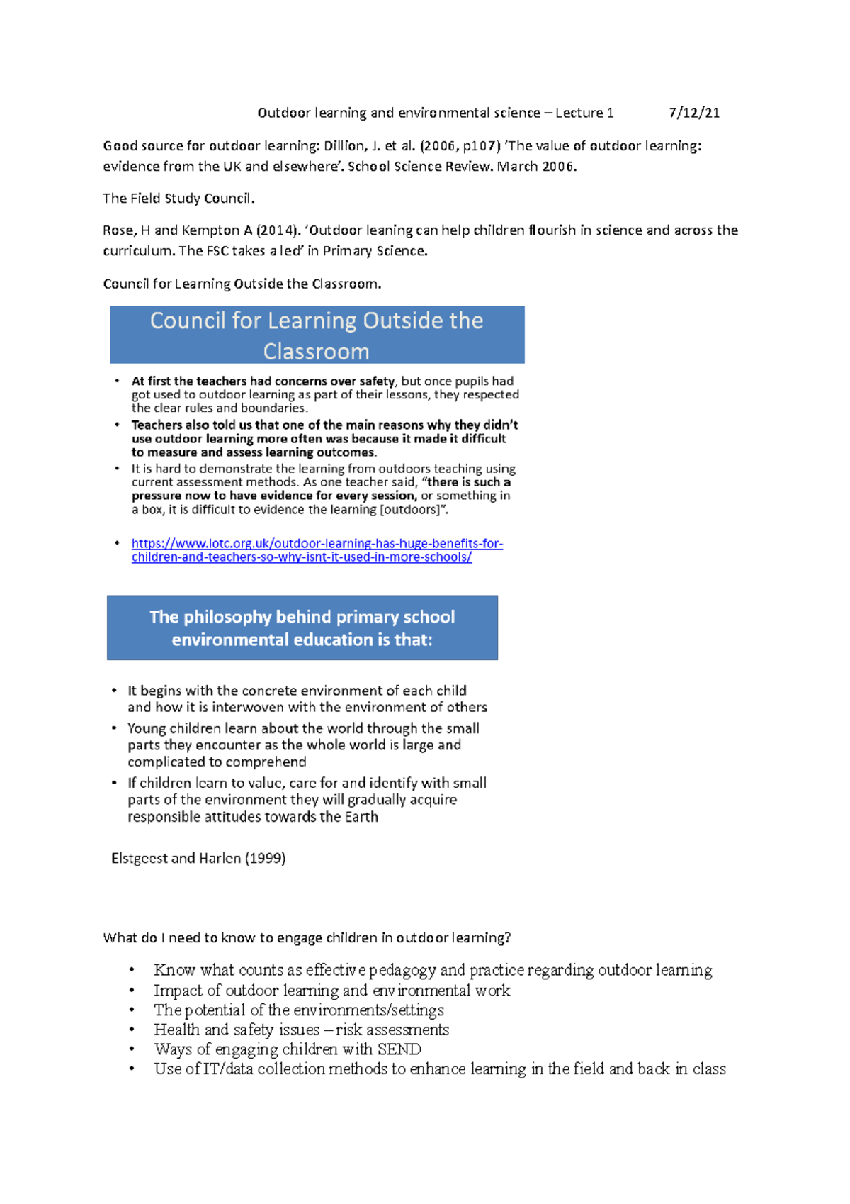 Outdoor learning and environmental science - et al. (2006, p107) ‘The ...