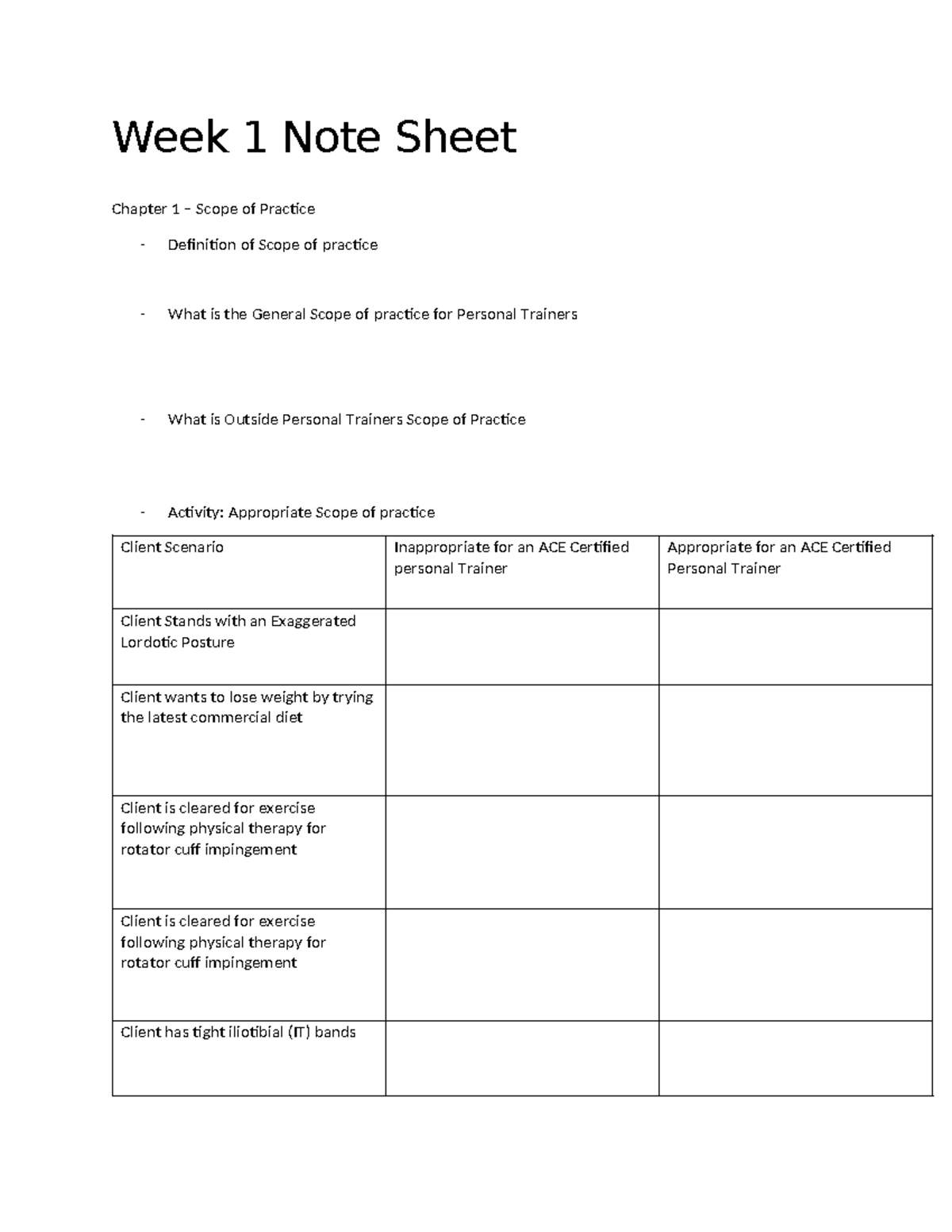 FITN-222 - Week 1 Note Sheet - Week 1 Note Sheet Chapter 1 – Scope of ...