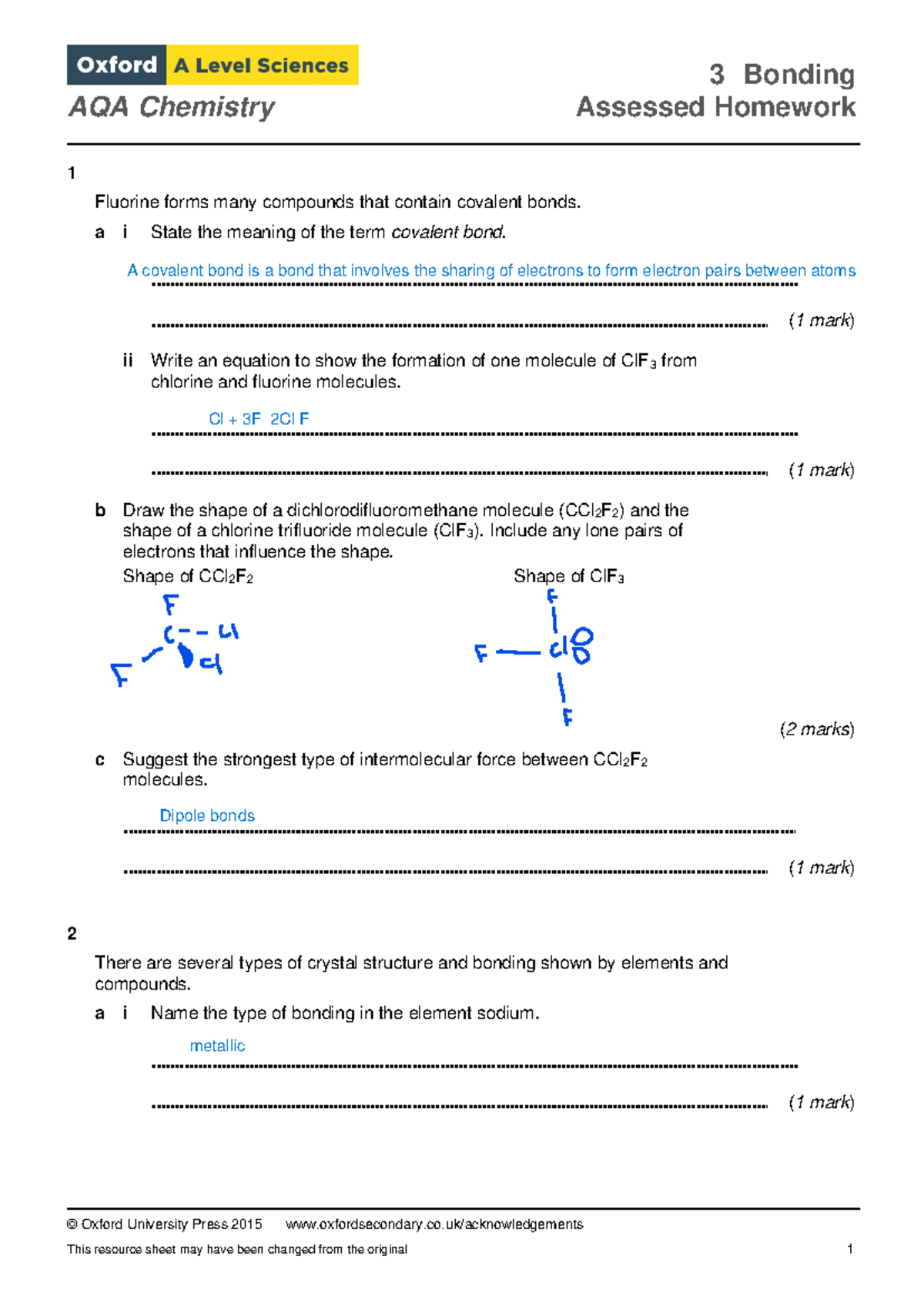 Bonding assessed HWK - AQA Chemistry Assessed Homework © Oxford ...