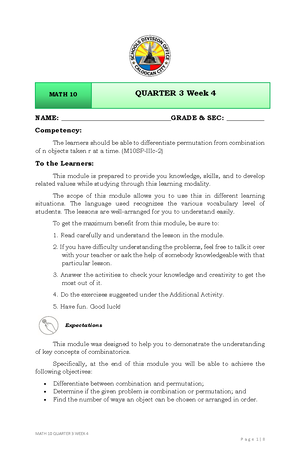 Math10 q3 w1 studentsversion v1 - Mathematics Quarter 3 - Module 1: Permutations 10 Mathematics ...
