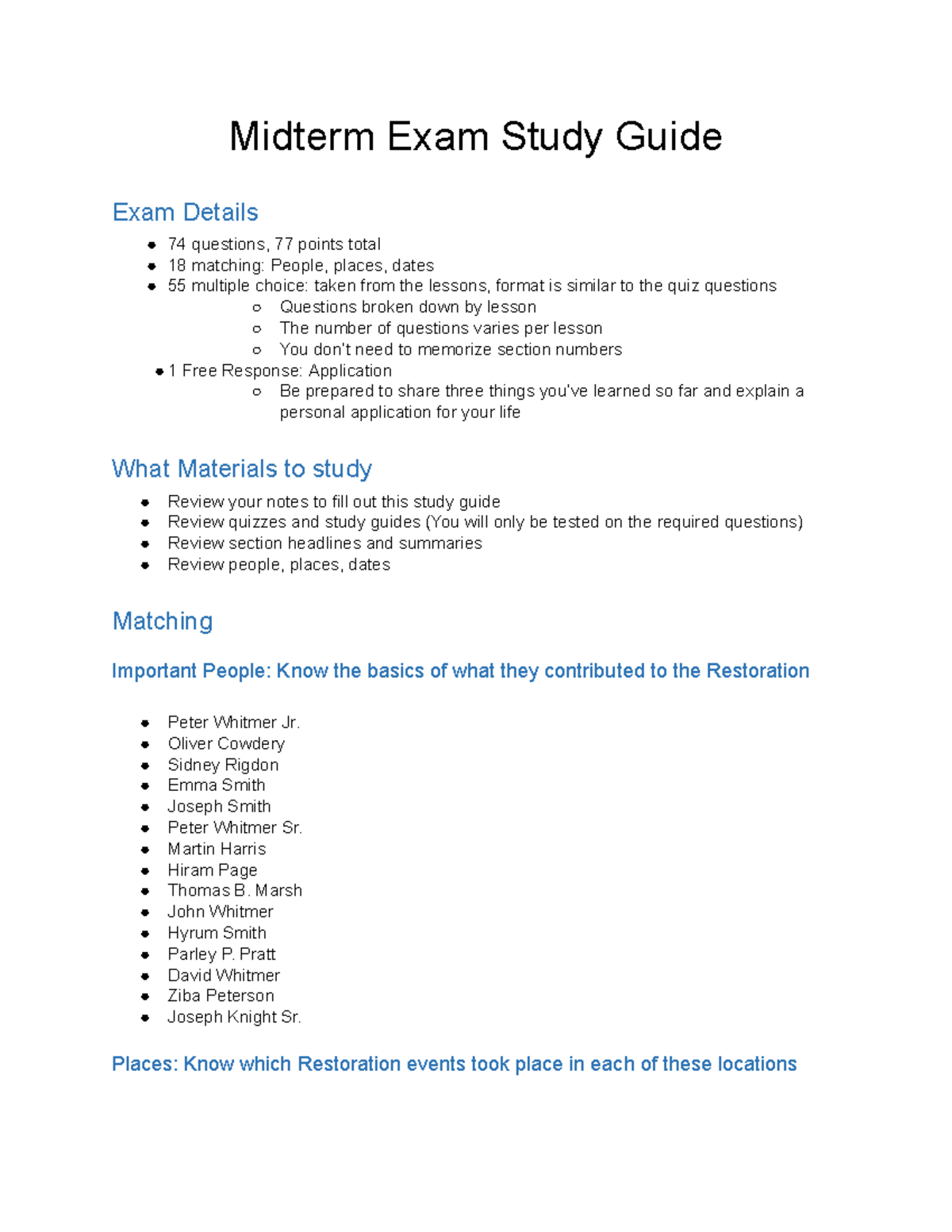 Midterm Exam Study Guide - Oliver Cowdery Sidney Rigdon Emma Smith ...