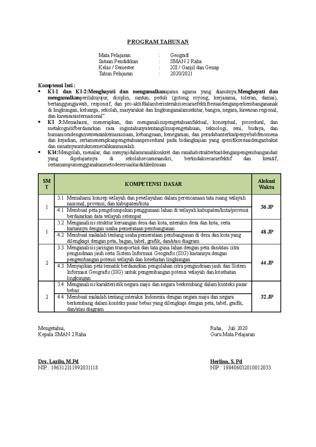 10. Program Tahunan - PROGRAM TAHUNAN Mata Pelajaran : Geografi Satuan ...