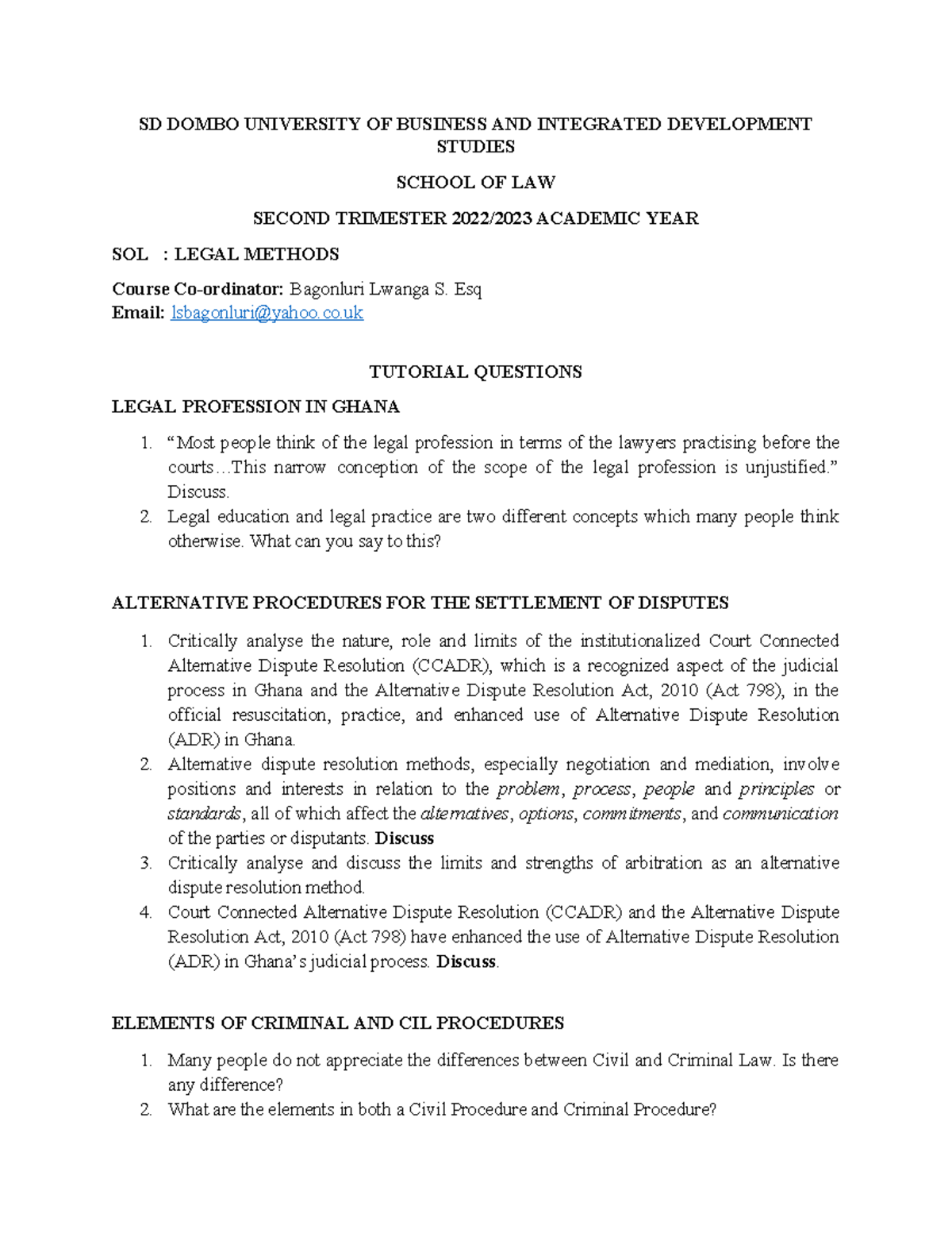 Legal Methods- Tutorial Questions-1 - SD DOMBO UNIVERSITY OF BUSINESS ...