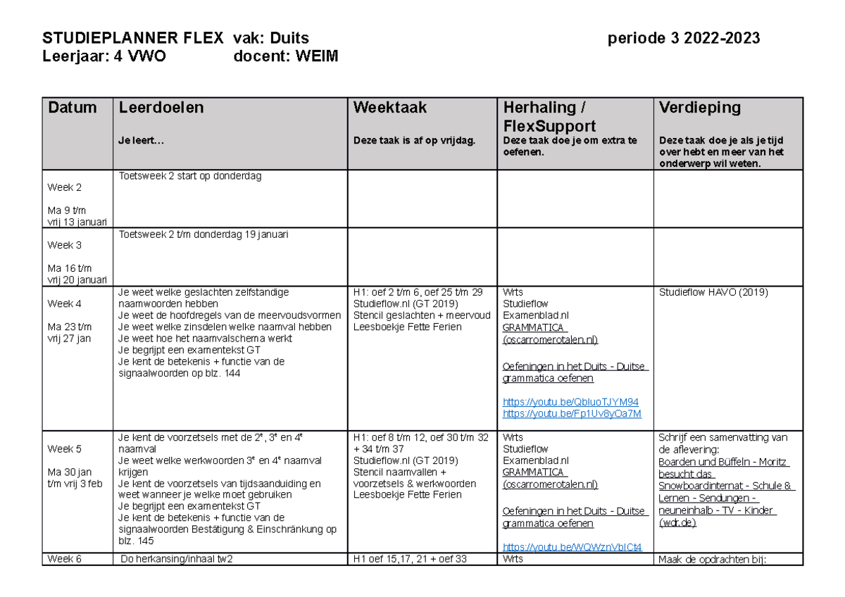 4VWO My Flex planner periode 3 - STUDIEPLANNER FLEX vak: Duits periode ...