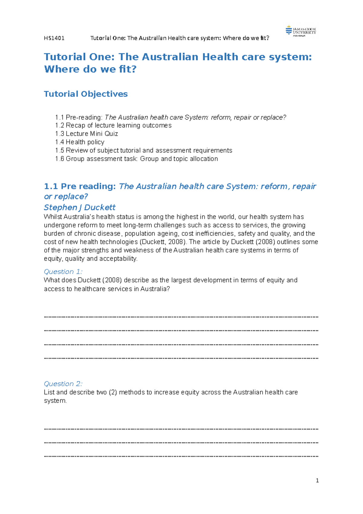 Week 1 - The Australian Healthcare System - HS1401 Tutorial One: The ...