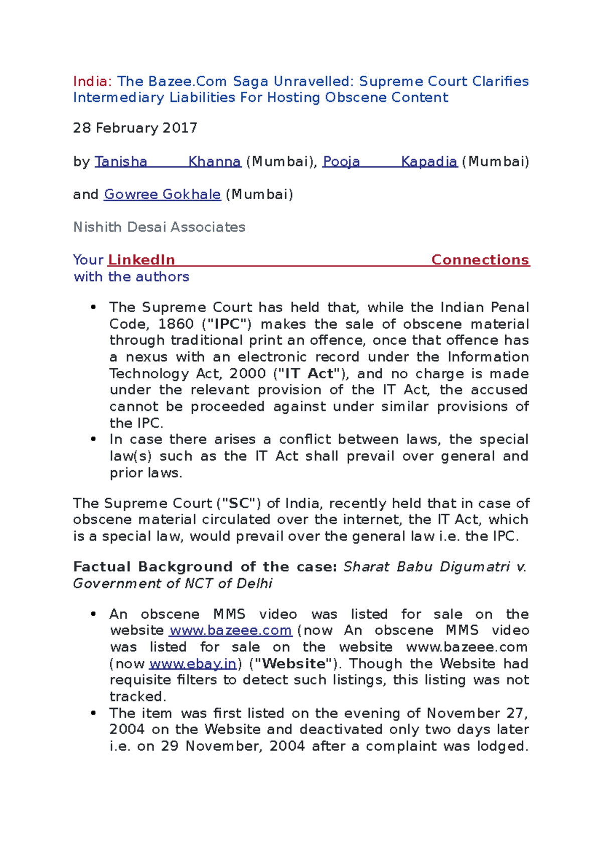 Case Law Avnish Bajaj - it act 2000 - India: The Bazee Saga Unravelled ...