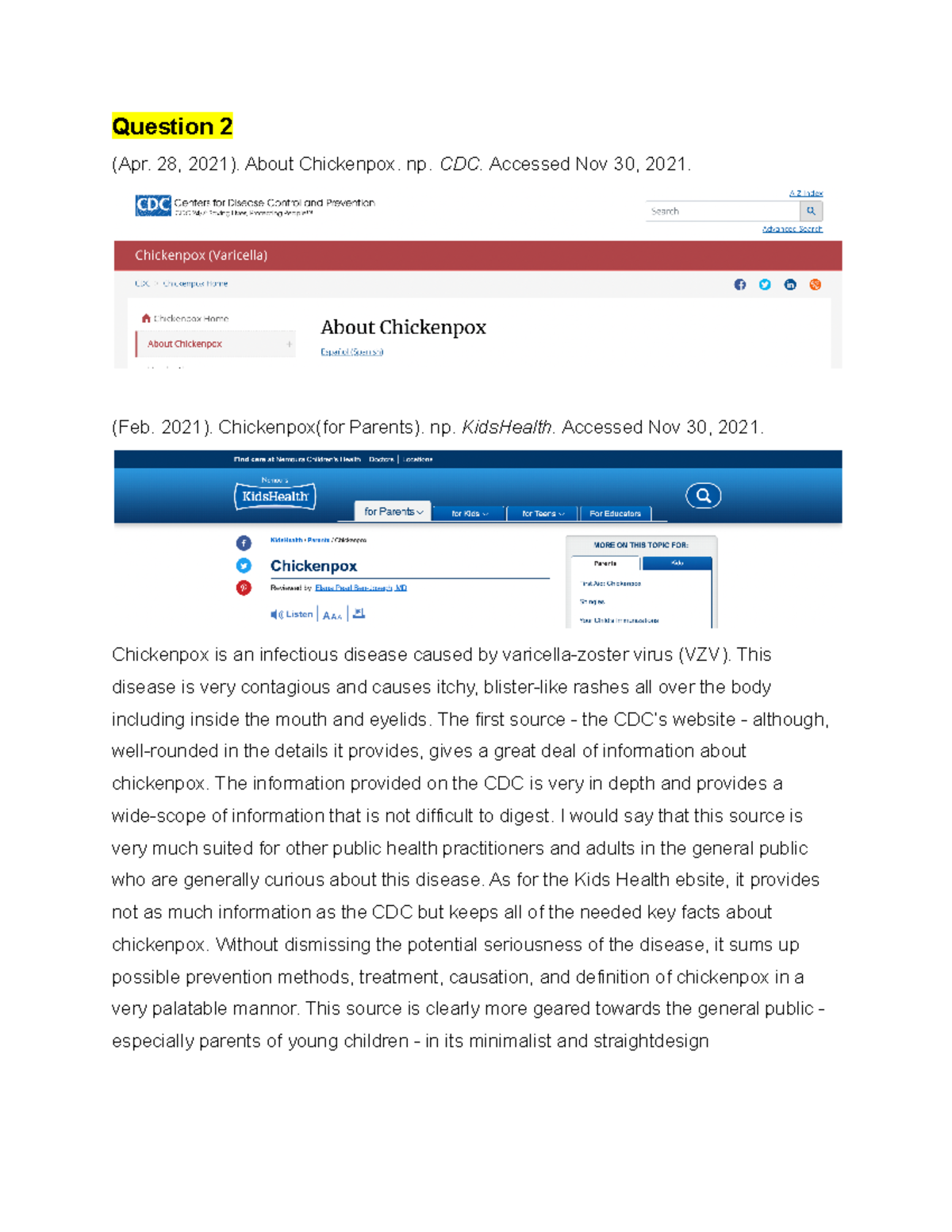 Public Health Quiz Pt. B - Question 2 (Apr. 28, 2021). About Chickenpox ...