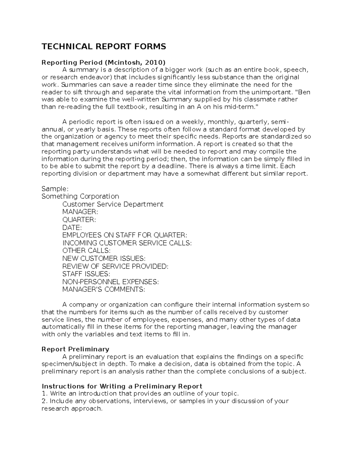 Technical Report Forms (PART2) - TECHNICAL REPORT FORMS Reporting ...