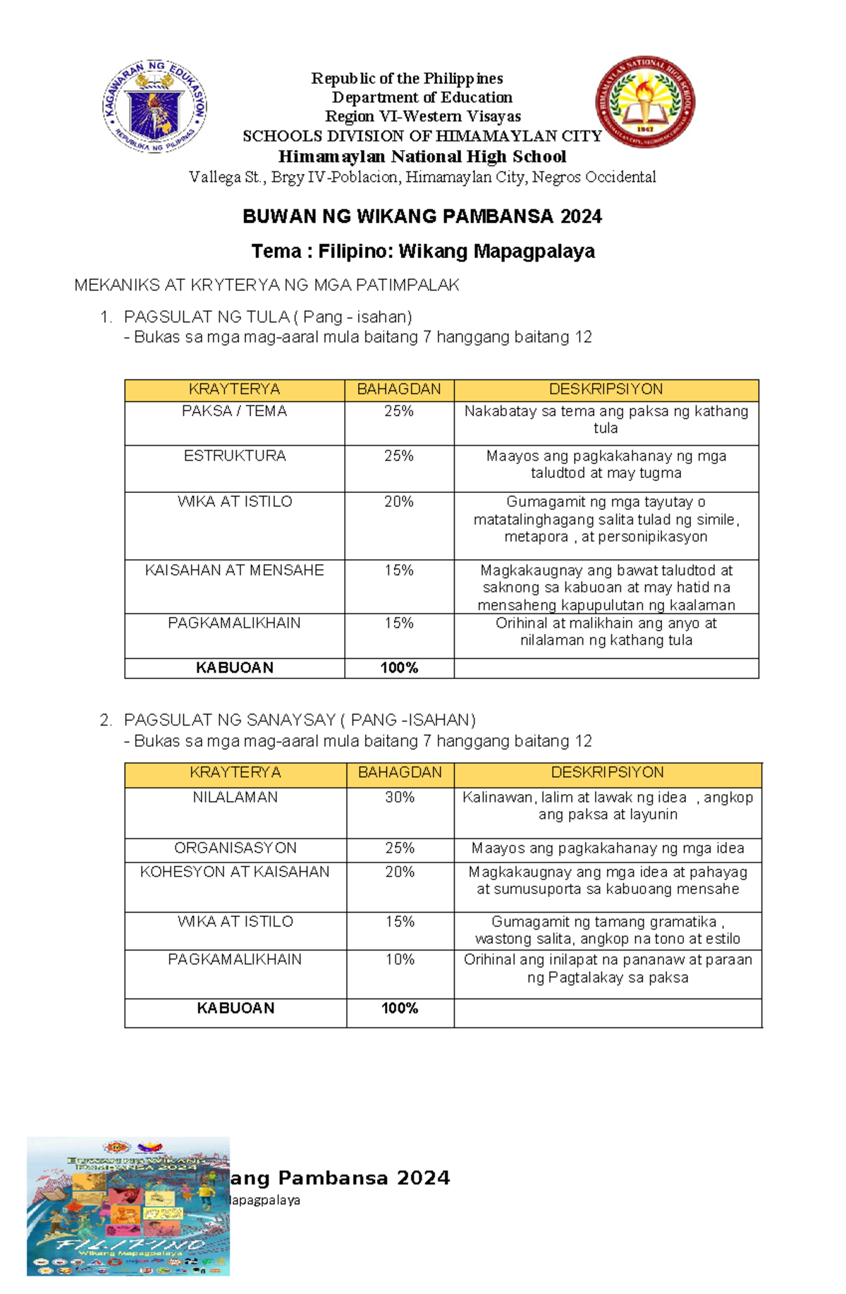 Mekaniks AT Krayterya Buwan NG WIKA - Department of Education Region VI ...