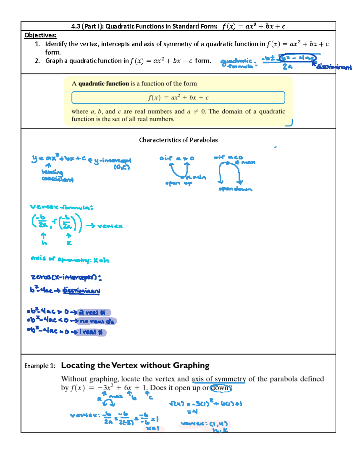 Unit Iii 431guided Notes Quadratic Functions In Standard Form 4 Part I Quadratic