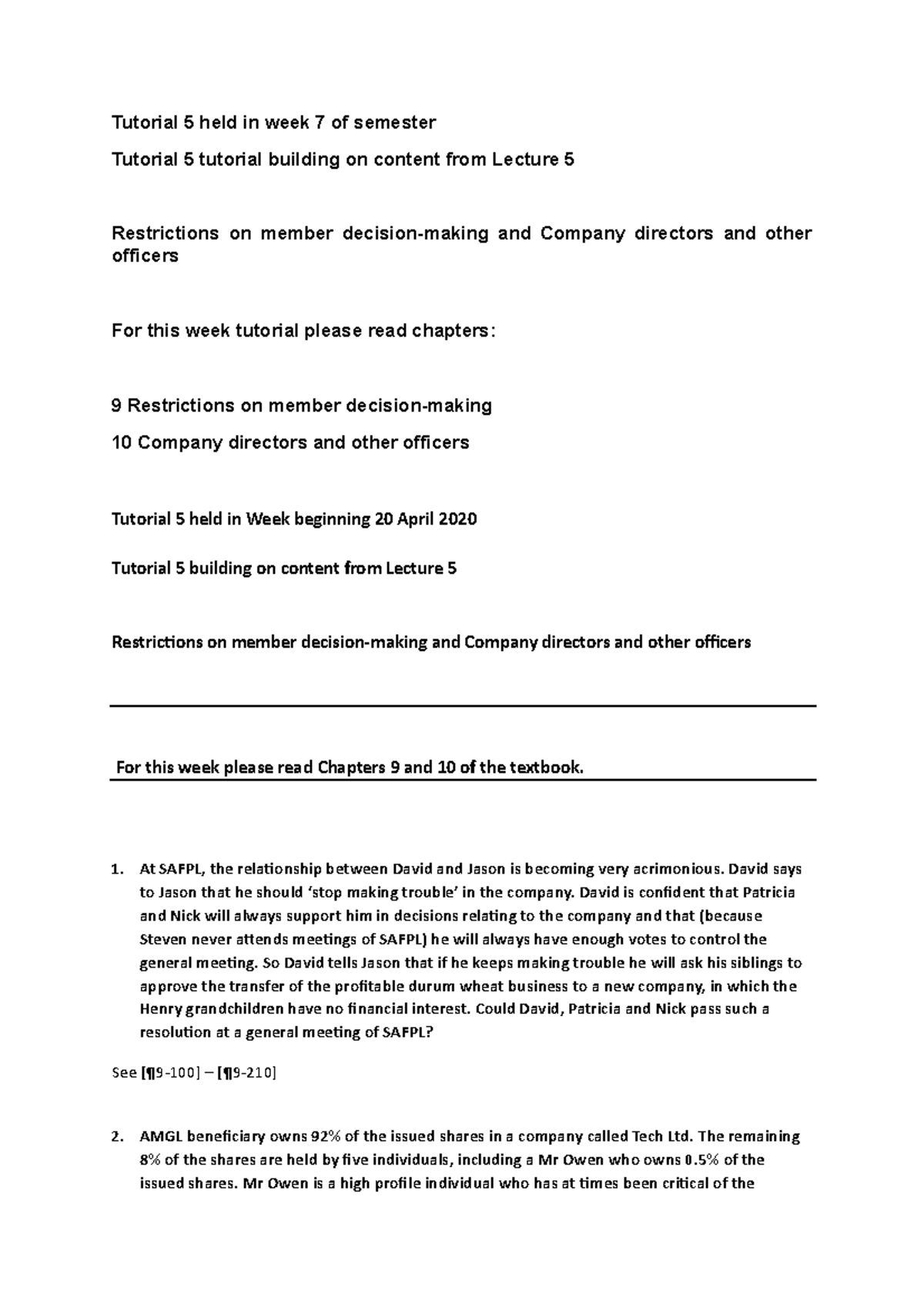 2020 Tutorial 5 - tute work - Tutorial 5 held in week 7 of semester ...