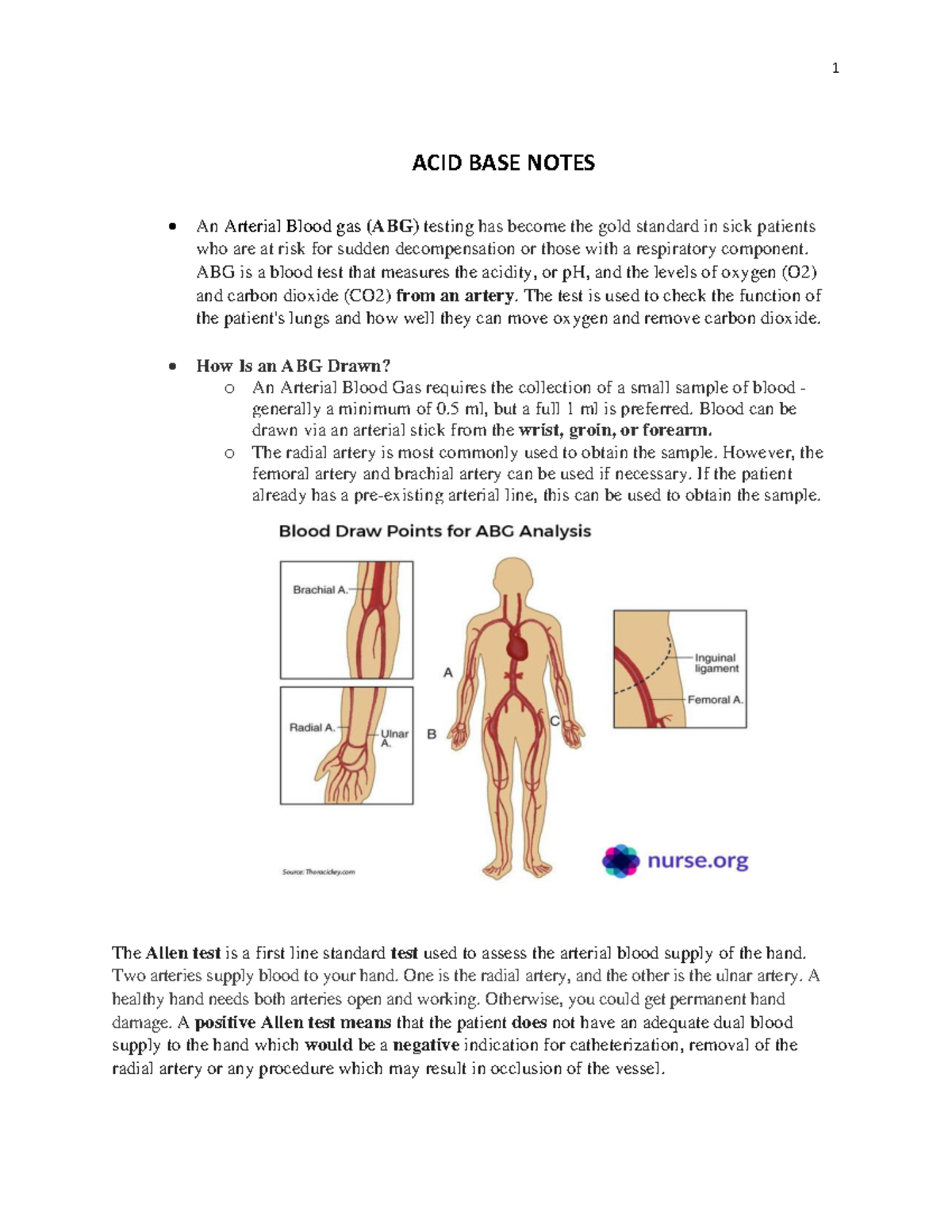 Acid Base Notes - ACID BASE NOTES An Arterial Blood gas (ABG) testing ...