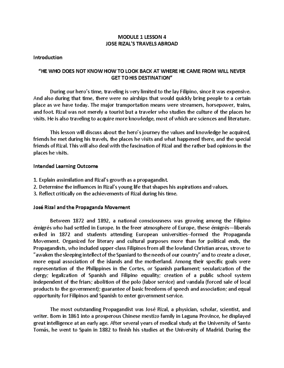 GEd103 Module 1 Lesson 4 - MODULE 1 LESSON 4 JOSE RIZAL'S TRAVELS ...