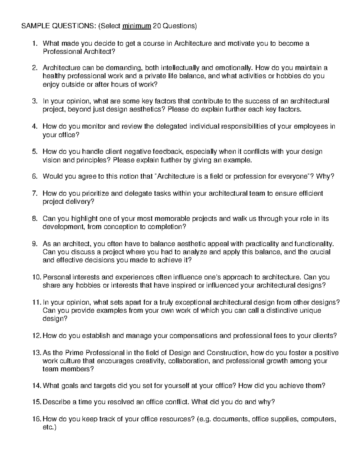 Suggested interview questions for an architect - SAMPLE QUESTIONS ...